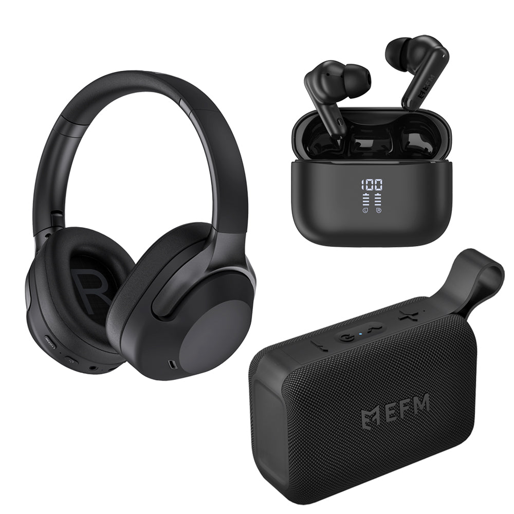 EFM Essential Audio Bundle Trio - With Bluetooth Speaker, Headphones a